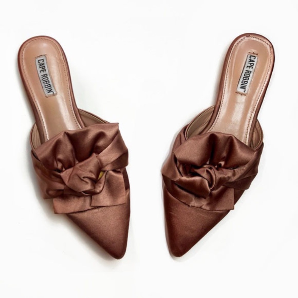 Cape Robbin Rose Gold/Pink Satin Ruffled Mules - Gem